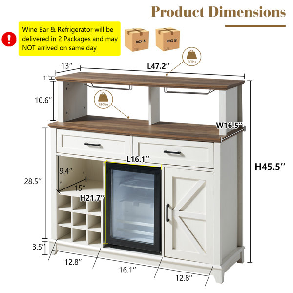 August Grove® Farmhouse Coffee Bar Cabinet With Beverage Refrigerator Cooler, 47" Wine Bar ...
